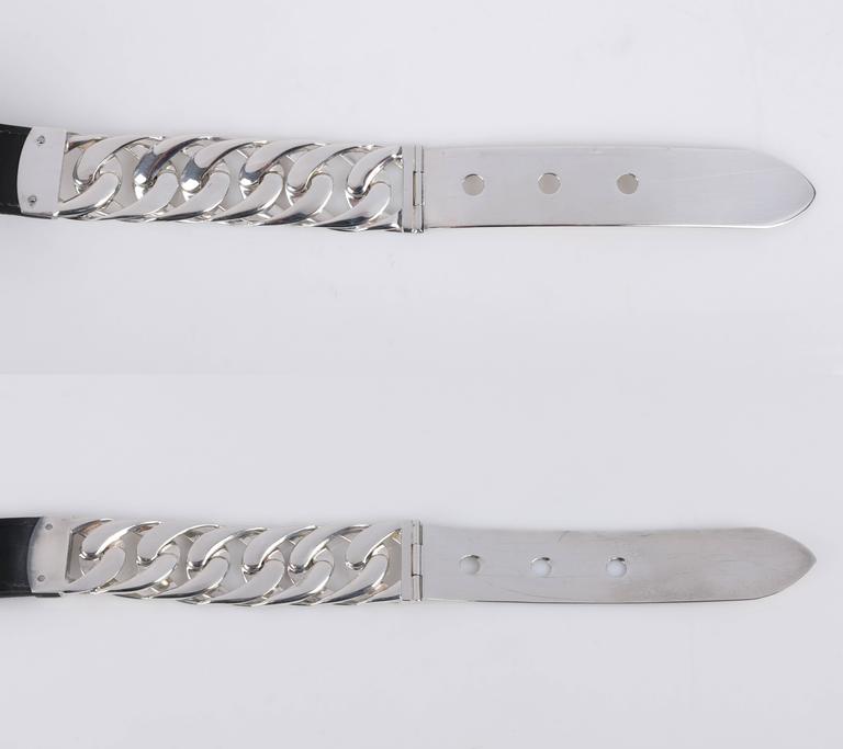 GUCCI Sterling Silver Chain Link Black Leather Mixed Material Belt Size ...