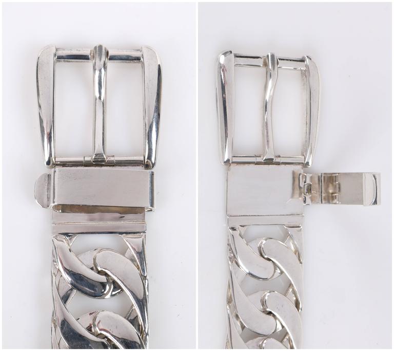 GUCCI Sterling Silver Chain Link Black Leather Mixed Material Belt Size ...