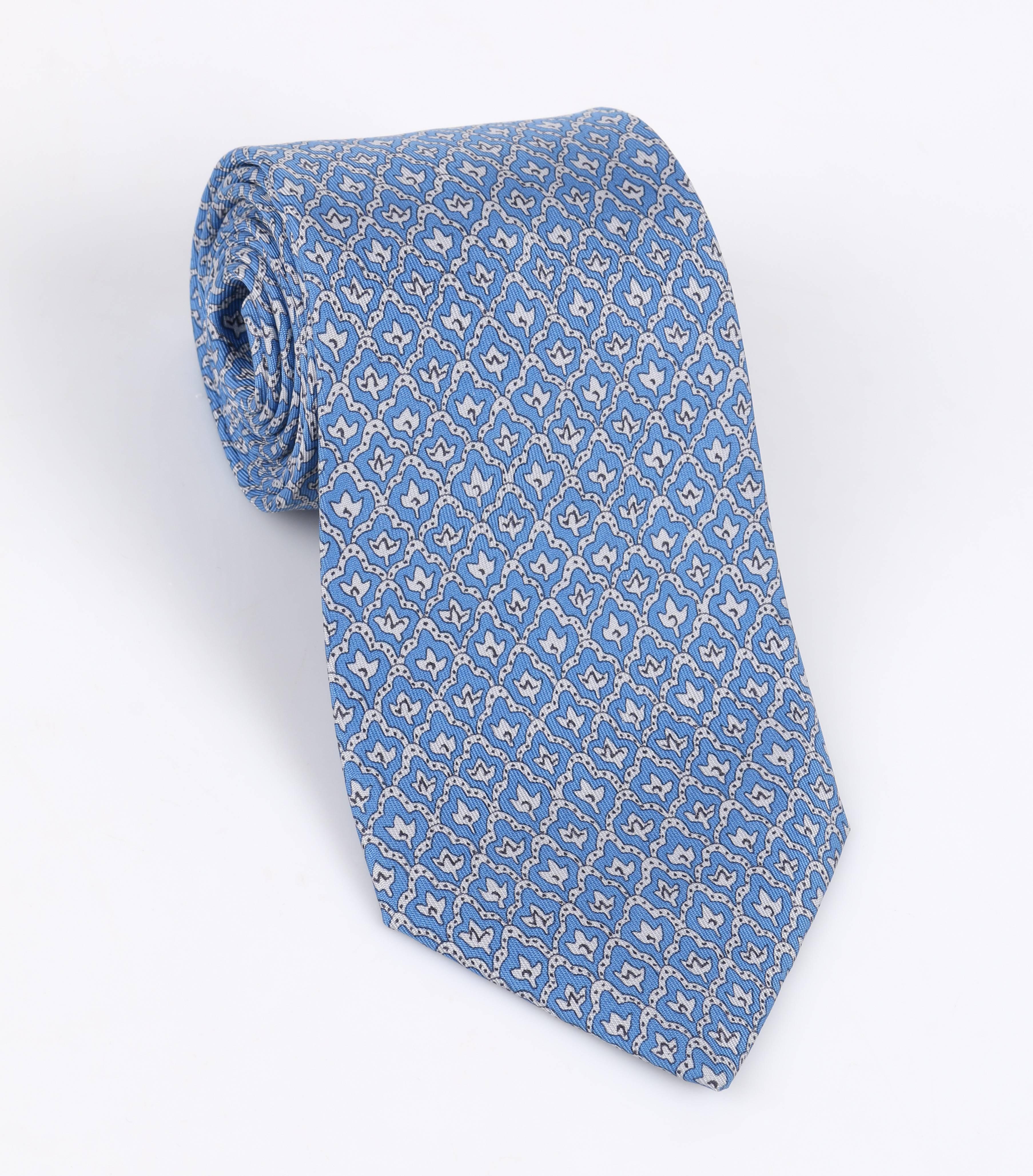 HERMES 5 Fold Cornflower Blue White Diamond Leaf Print Silk Necktie Tie ...