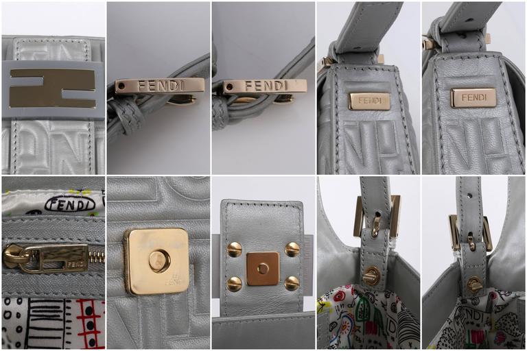 FENDI S/S 2010 Silver Gray Signature Logo Embossed Leather Baguette ...