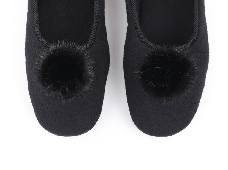 LORO PIANA "Odette" Black Cashmere Mink Pompom Ballerina Slippers Size ...