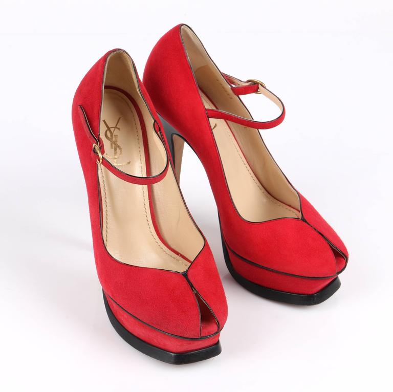 YVES SAINT LAURENT S/S 2007 "Tribute Mary Jane" YSL Red Suede Platform ...