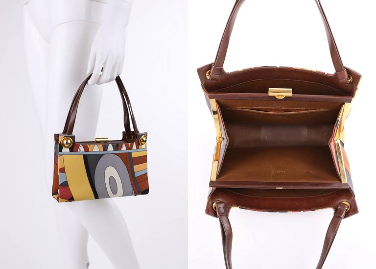 EMILIO PUCCI c.1970's Brown Multicolor Signature Print Silk and Leather ...