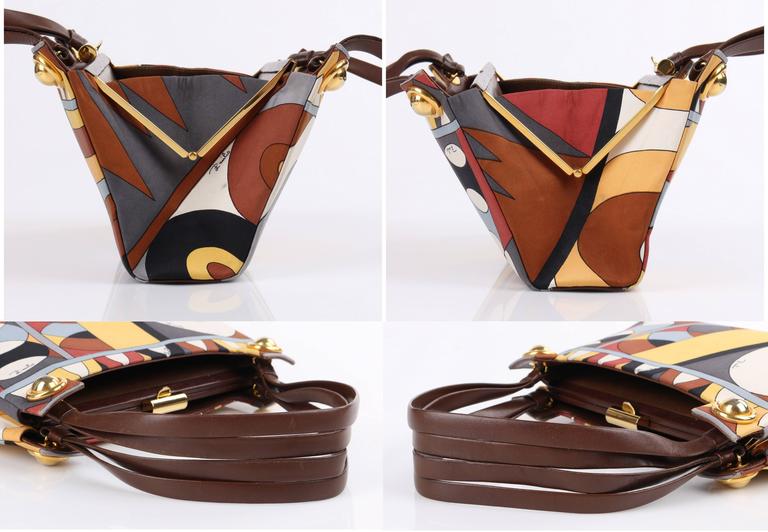 EMILIO PUCCI c.1970's Brown Multicolor Signature Print Silk and Leather ...