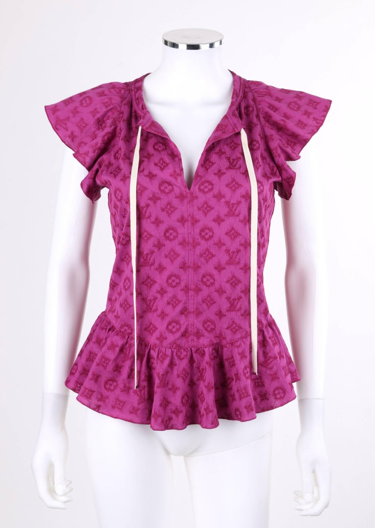 LOUIS VUITTON Magenta Embroidered LV Monogram Ruffled Blouse Top NWT ...