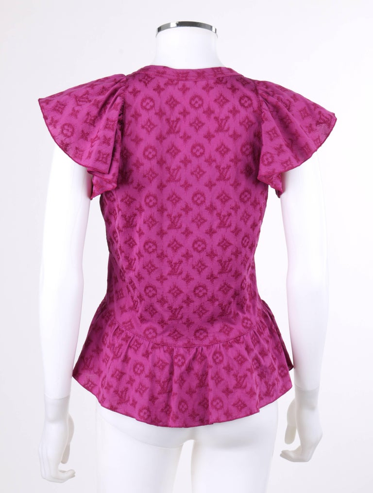 LOUIS VUITTON Magenta Embroidered LV Monogram Ruffled Blouse Top NWT ...