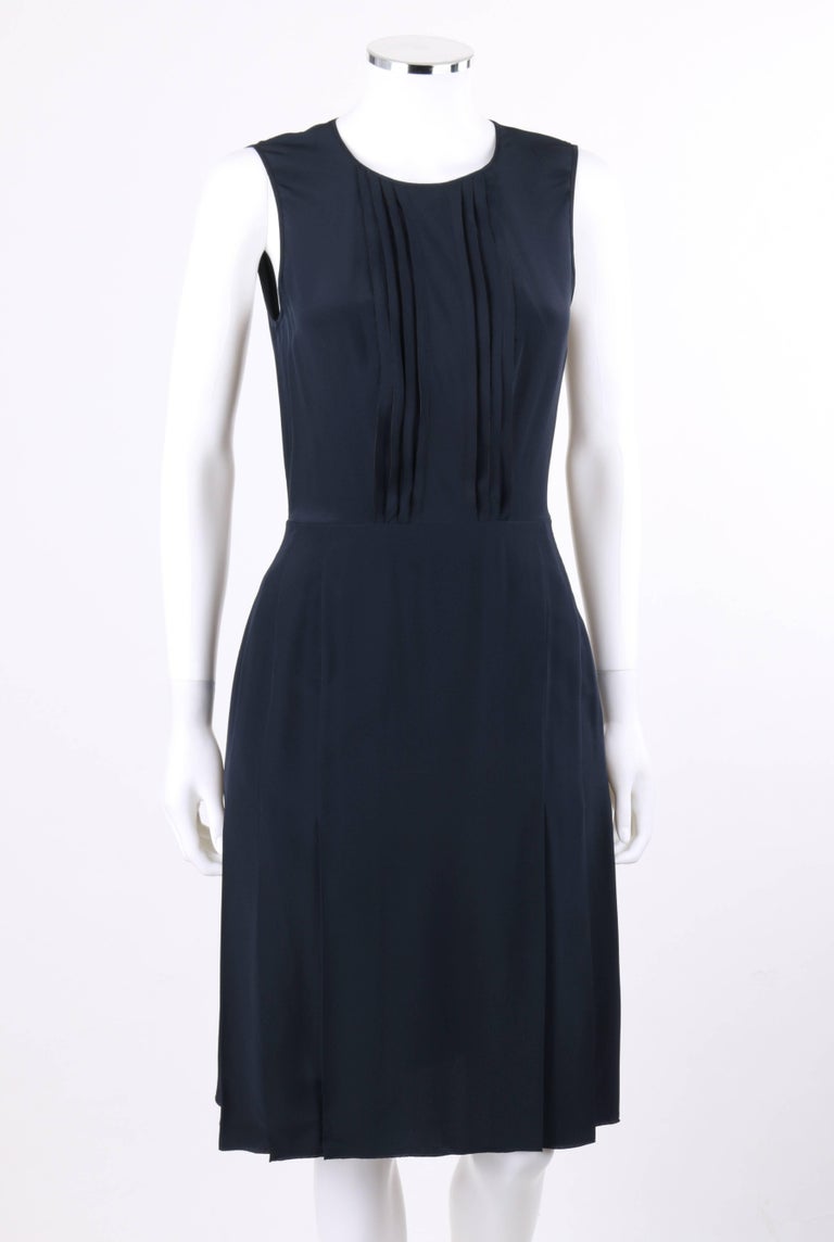 PRADA Navy Blue Silk Sleeveless Pleated Shift Cocktail Dress at 1stDibs ...