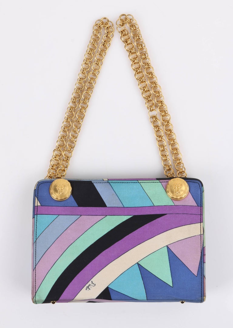 EMILIO PUCCI c1970s "Vivara" Signature Print Blue Op Art Silk Chain ...