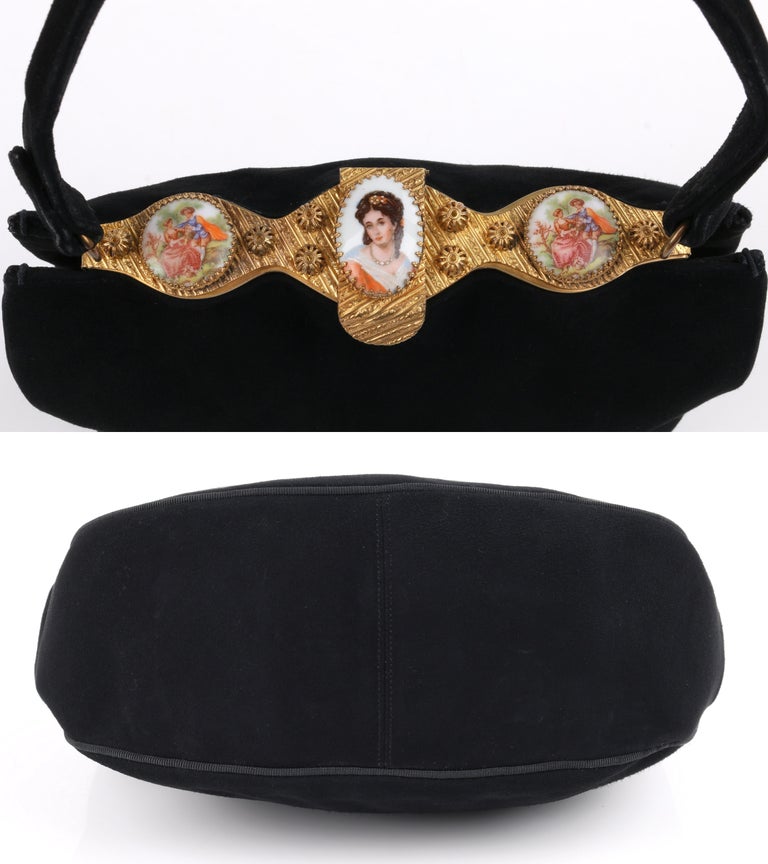 VICTORIAN REVIVAL c.1930s Black Suede Leather Hand Painted Cameo Frame ...