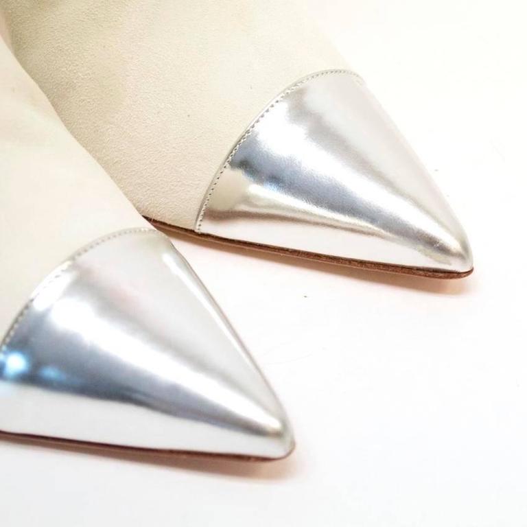 Manolo Blahnik Cream Pointed Sock Boots With Silver Toe For Sale at 1stdibs
