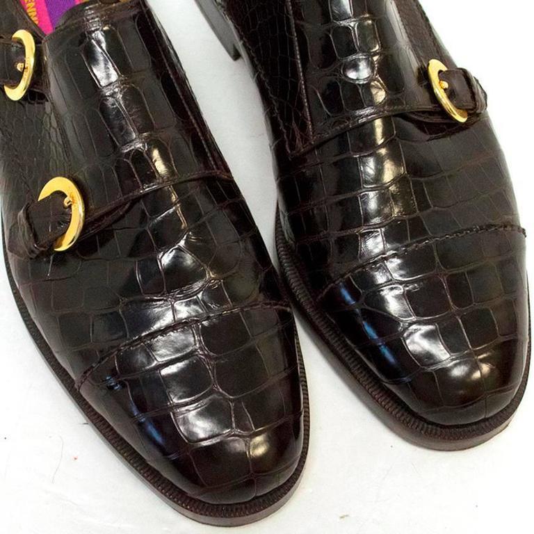 Susan Bennis Warren Edwards Brown Crocodile Monk Strap Shoes For Sale ...