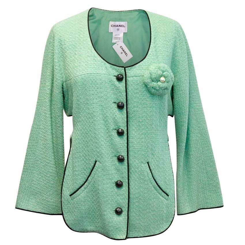 Chanel Mint Green Jacket With Backless Detail and Broach For Sale at ...