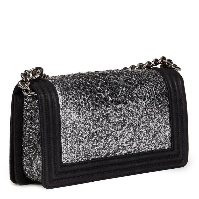 Chanel Silver Python Leather and Black Metallic Goatskin Medium Le Boy ...