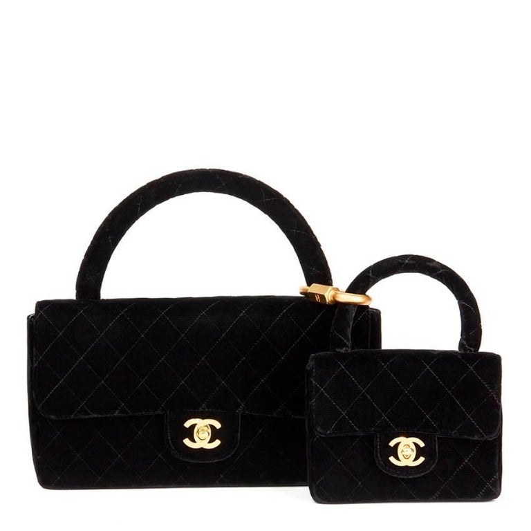 Chanel Quilted Black Velvet Medium Kelly Flap Bag Mini Charm Set For ...