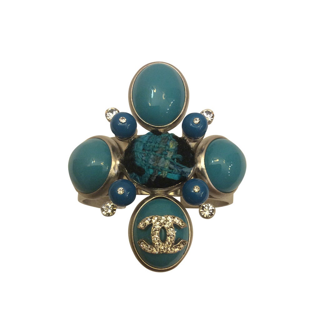 Chanel Turquoise Tweed Silver Gorgeous Cuff Bracelet at 1stDibs