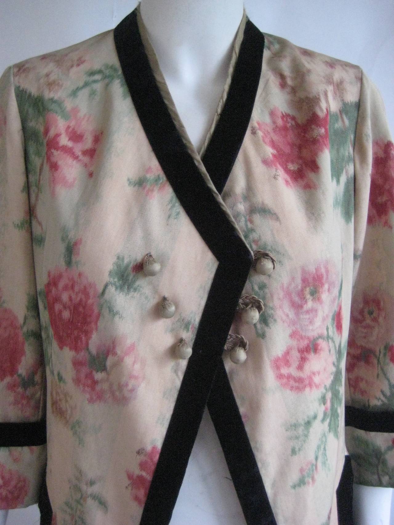 Edwardian Silk Floral Jacket with Velvet Trim For Sale at 1stDibs