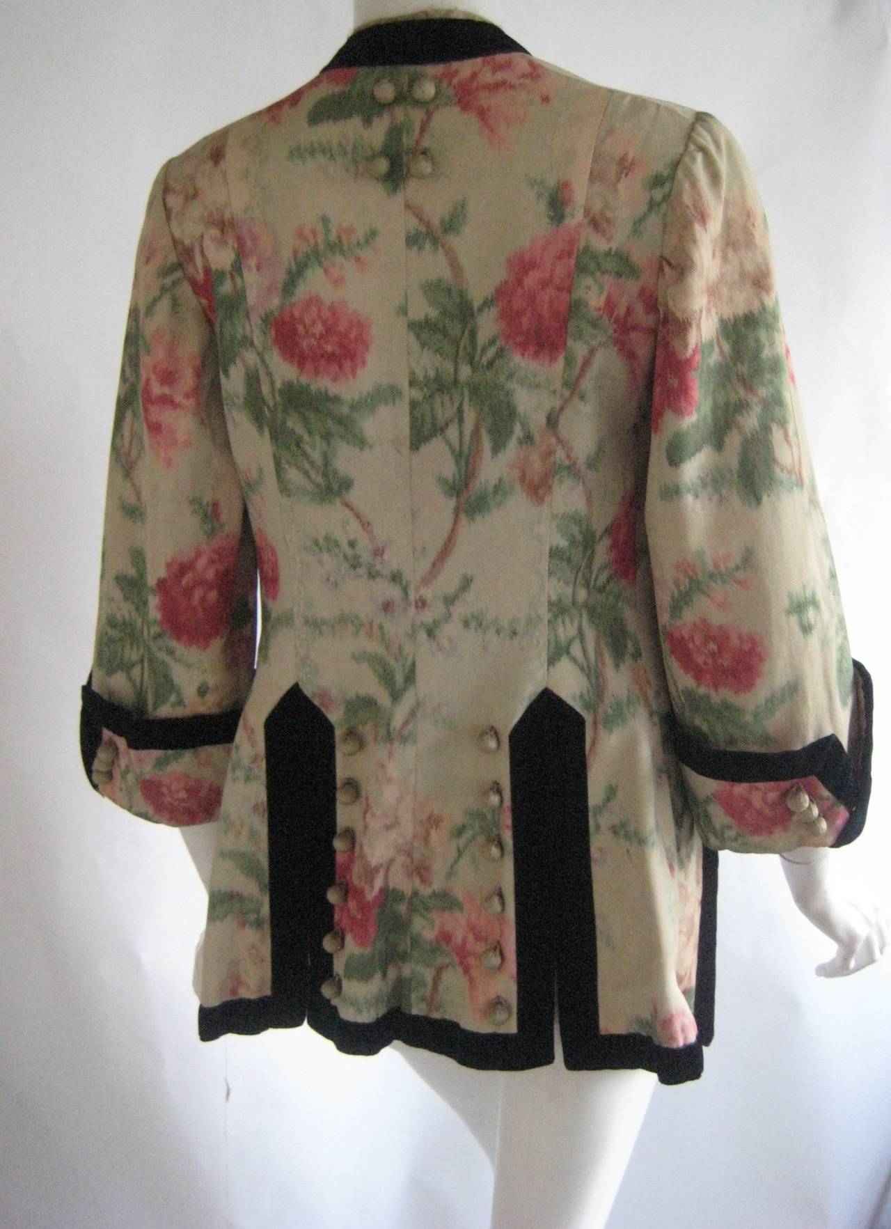 Edwardian Silk Floral Jacket with Velvet Trim For Sale at 1stDibs