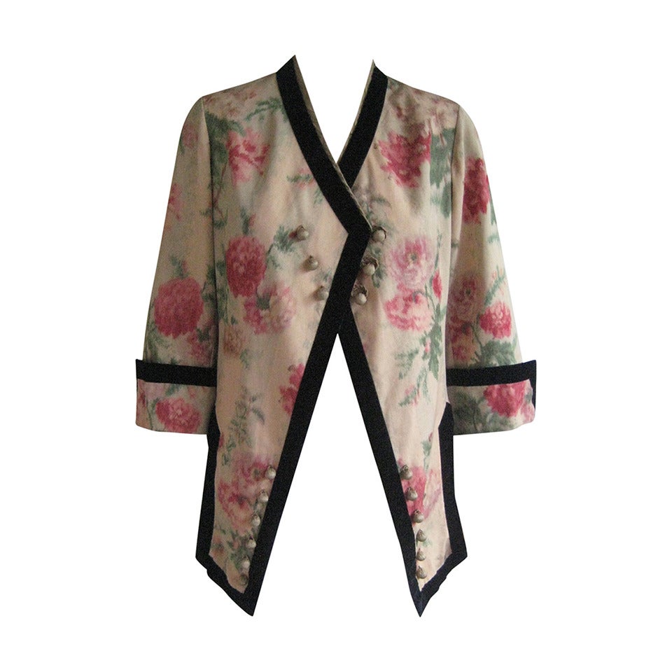 Edwardian Silk Floral Jacket with Velvet Trim For Sale at 1stDibs