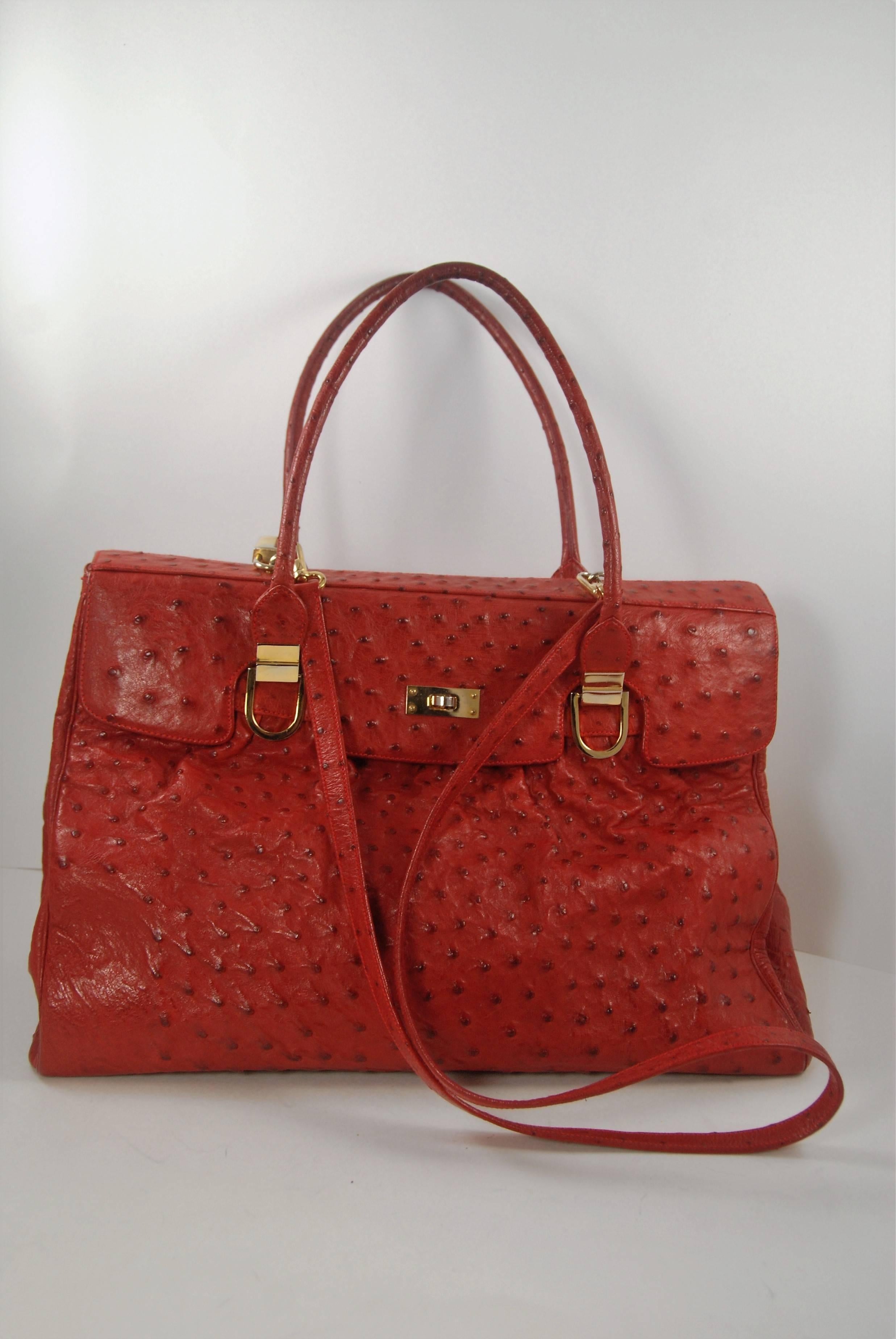 1990s Geranium Red Helene Arpels Large Ostrich Hand Bag For Sale at 1stDibs