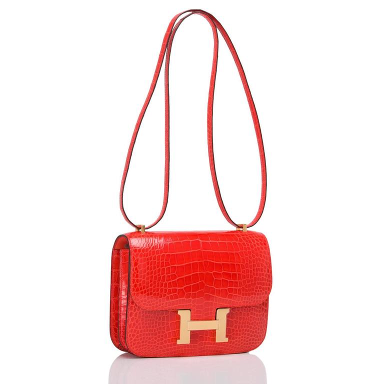Hermes Orange Poppy Shiny Alligator Mini Constance 18cm Gold Hardware ...