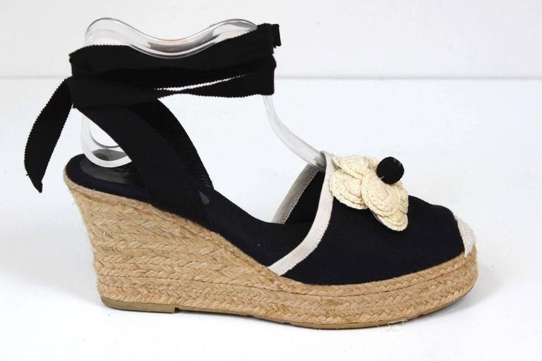 CHANEL Black Canvas Camellia Ankle Wrap Espadrille Wedges Size 38 uk 5 ...
