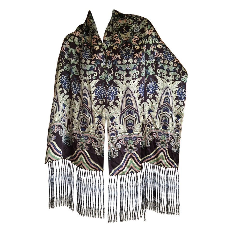 Yves Saint Laurent by Tom Ford Large Silk Asian Theme Fringed Scarf ...