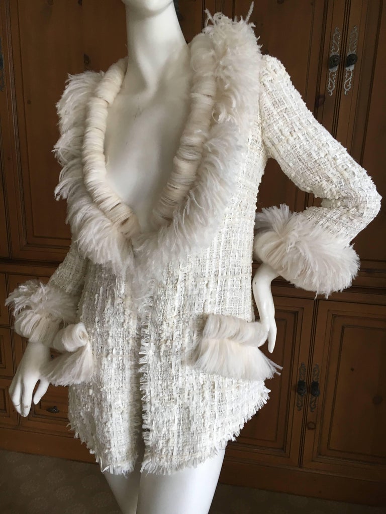Chanel Maison Lemarié Feather Trim Fantasy Tweed Fringed Jacket at 1stDibs