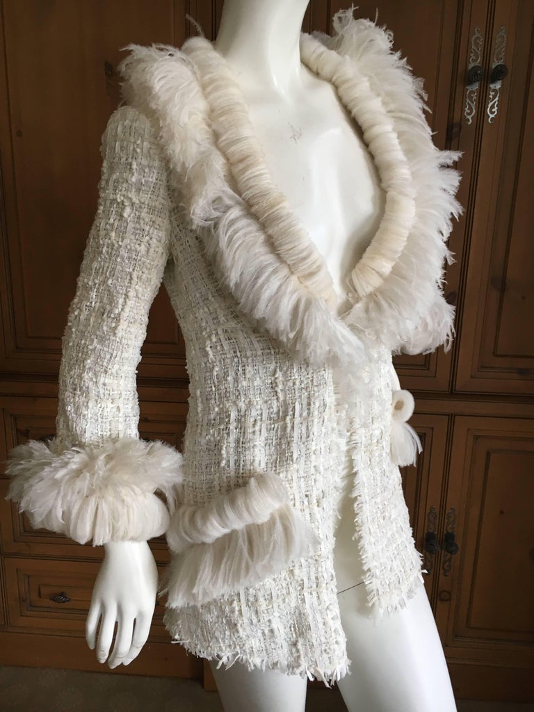 Chanel Maison Lemarié Feather Trim Fantasy Tweed Fringed Jacket at 1stDibs