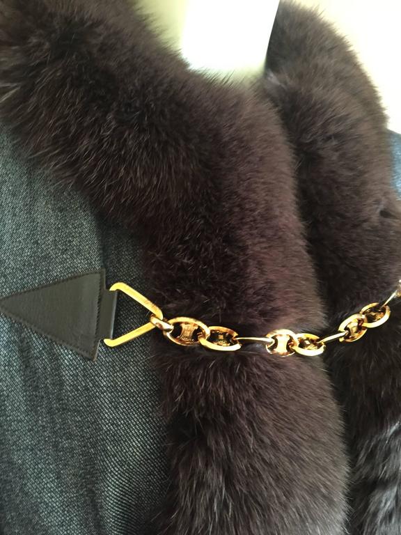 Celine Fox Trim Denim Jacket with Chain Closure at 1stDibs