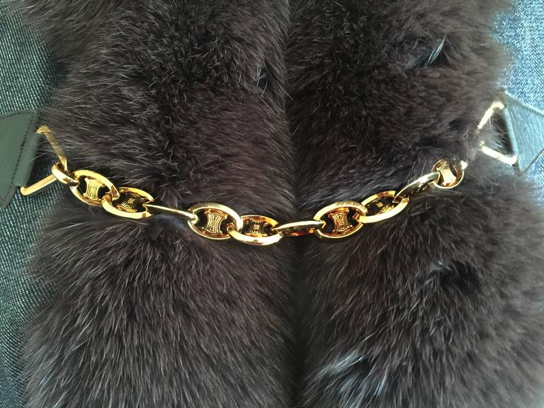 Celine Fox Trim Denim Jacket with Chain Closure at 1stDibs