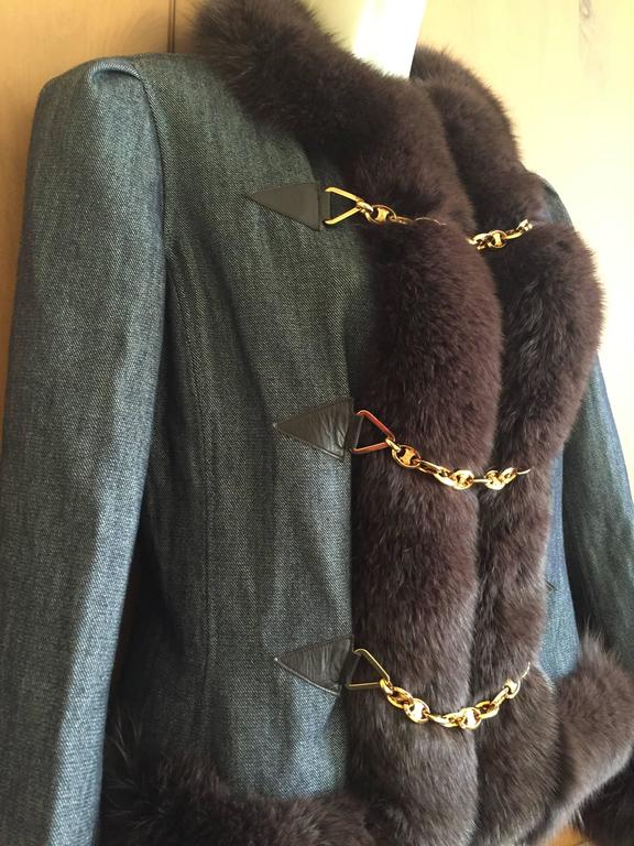 Celine Fox Trim Denim Jacket with Chain Closure at 1stDibs