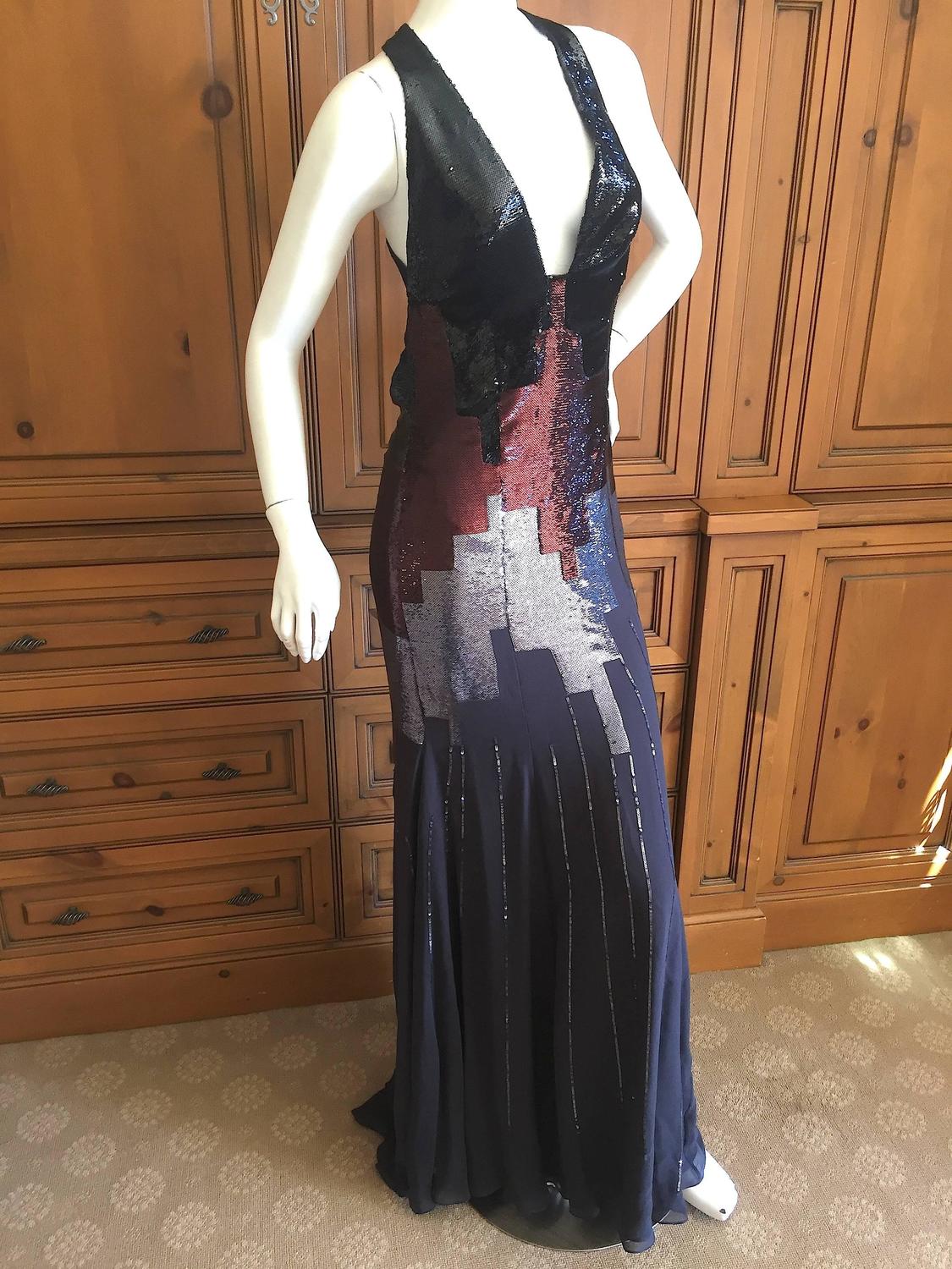 Versace Sequin Evening Dress with Deco Cityscape Design For Sale at 1stdibs