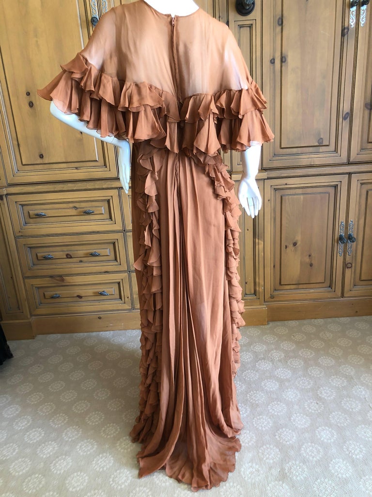 Cardinali Russet Sheer Chiffon Ruffled Evening Dress with Capelet For ...