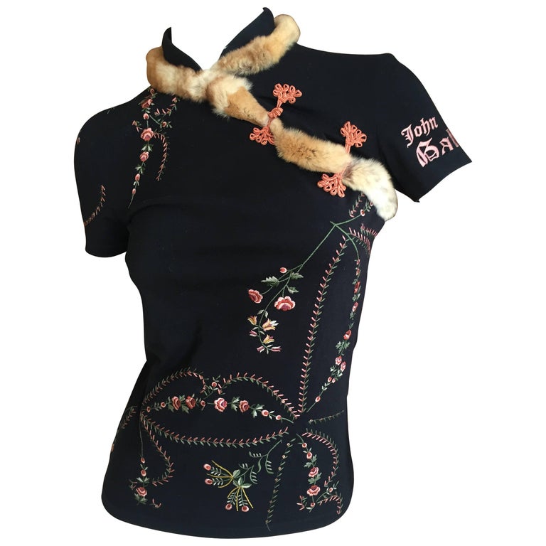 John Galliano Fur Trim Cheosam Top 1990's For Sale at 1stDibs