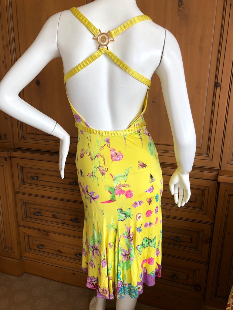 Versace Vintage Yellow Silk Jersey Insect and Flower Print Cocktail ...