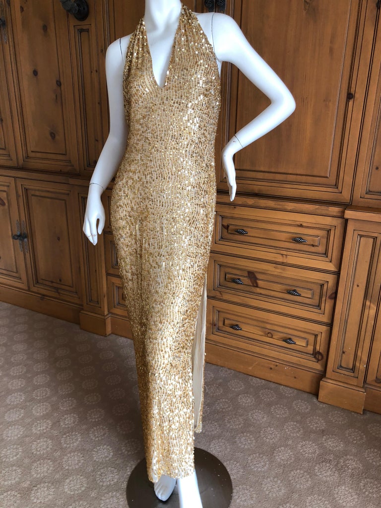 Halston by Randolph Duke 1999 Gold Sequin Halter Style Evening Gown For ...