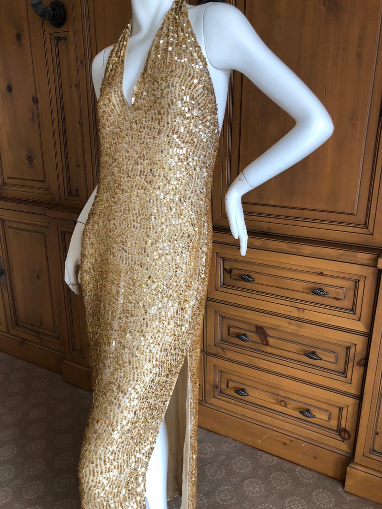 Halston by Randolph Duke 1999 Gold Sequin Halter Style Evening Gown For ...