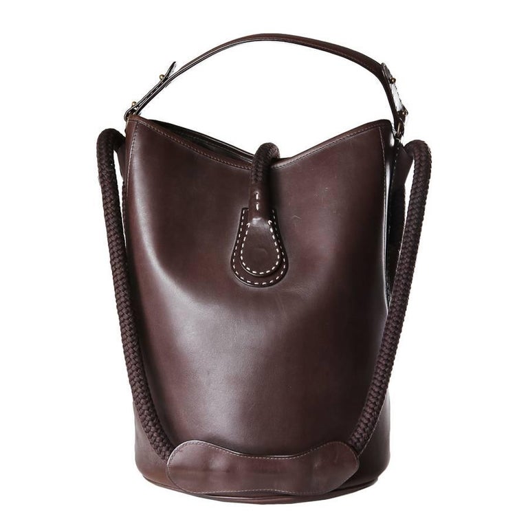 Perrin Paris Chocolate Brown Leather Bucket Bag with Rope Strap For ...