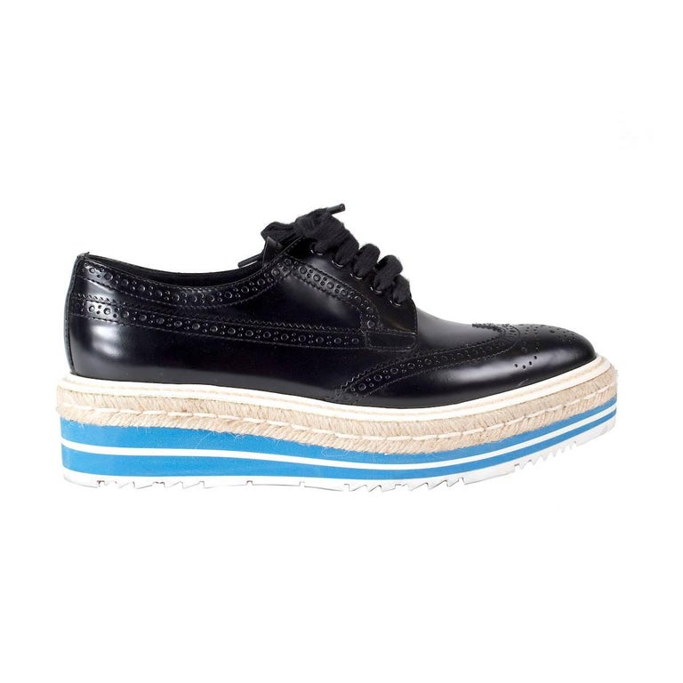 Prada Black Patent Leather Brogue Oxford with Platform at 1stDibs