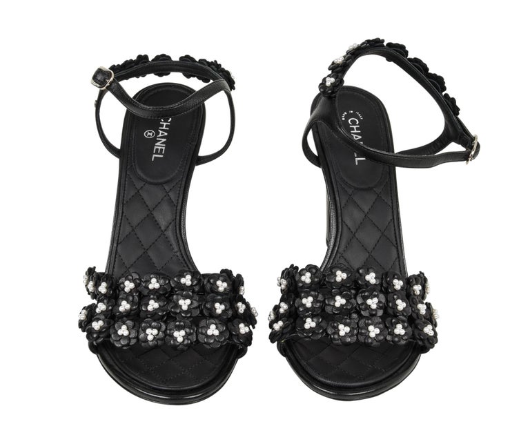 Chanel Shoe Camellia Black Leather Flowers w/ Pearls Sandal 40 / 10 New ...