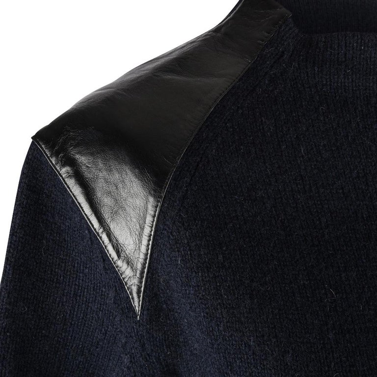 Celine Sweater Navy Crew with Black Leather Shoulders M at 1stDibs