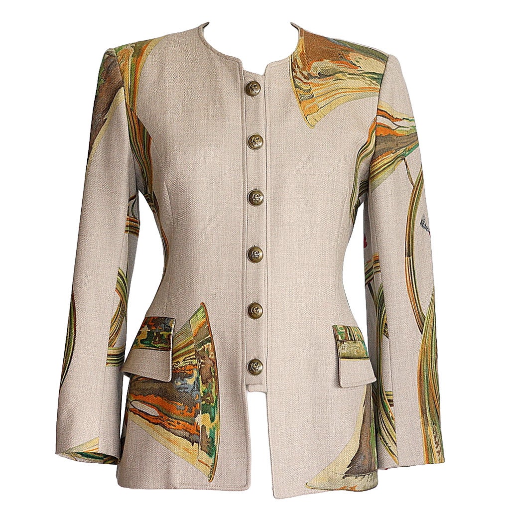 Hermes Jacket Trompes De Chasse Scarf Print Cashmere Wool Vintage 38 / 6 at 1stDibs