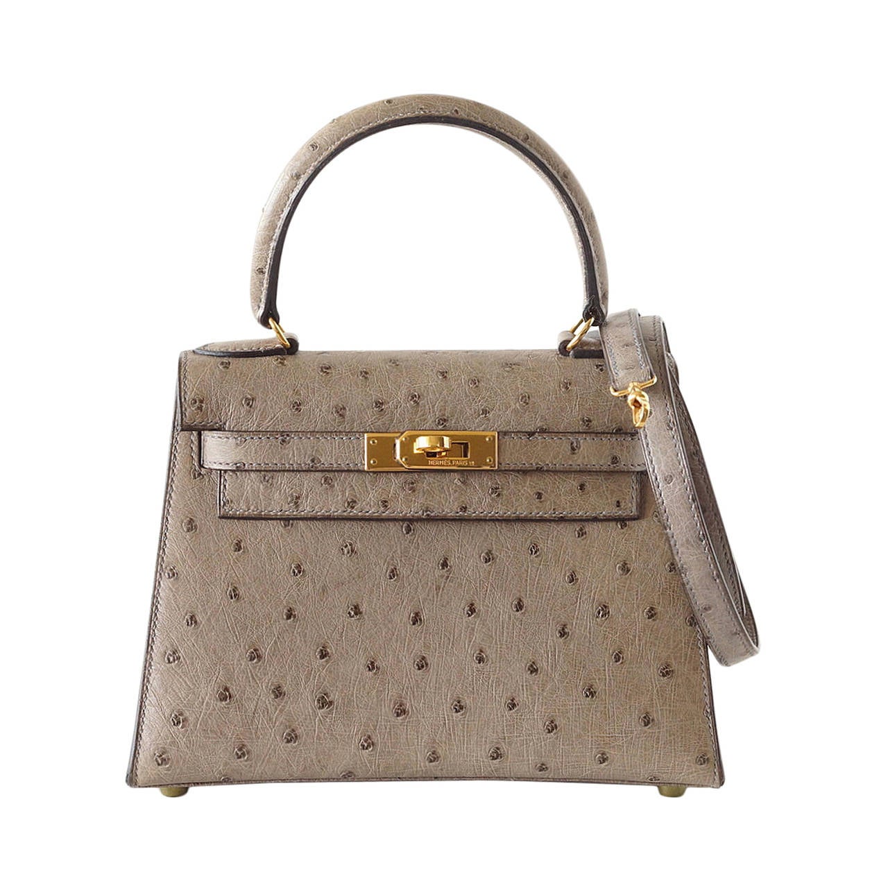 HERMES KELLY Bag 20 Vintage Gray Ostrich Mini Gold Hardware Mint At