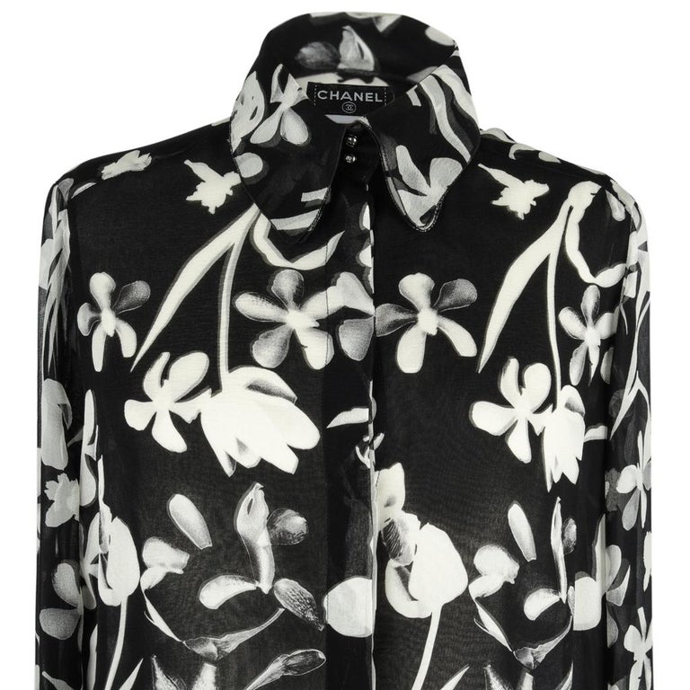 Chanel 04S Blouse Top Silk Chiffon Floral Print Beautiful Details 42 / ...