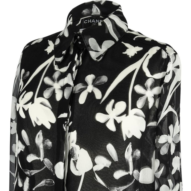 Chanel 04S Blouse Top Silk Chiffon Floral Print Beautiful Details 42 / ...