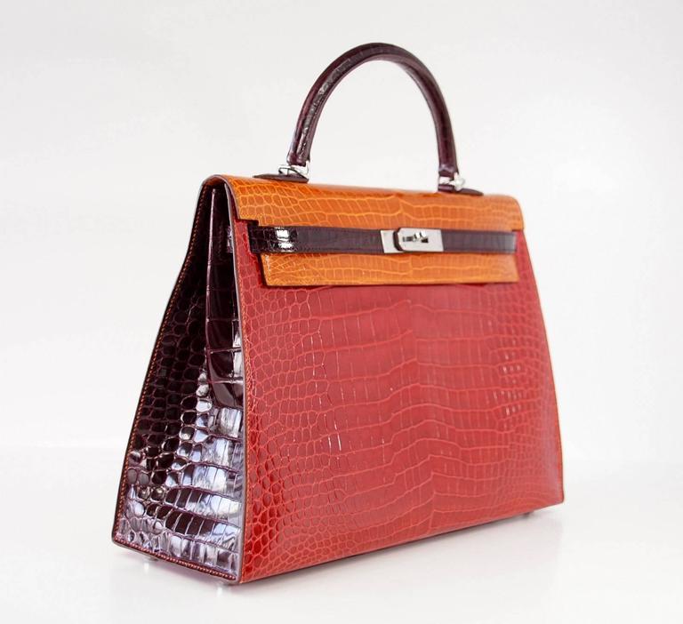 HERMES Kelly 35 Bag Tri Color Horseshoe Porosus Crocodile Palladium at ...