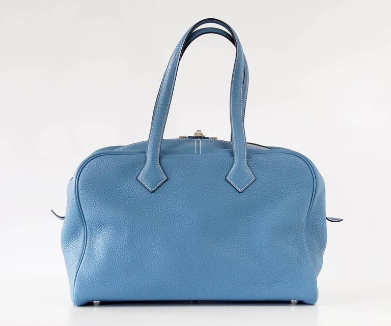 Hermes 35 Victoria II Bag Blue Jean Palladium Hardware at 1stDibs