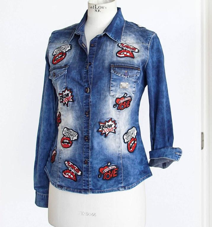 Philipp Plein Top Distressed Denim Shirt Diamante and Beaded Appliques ...
