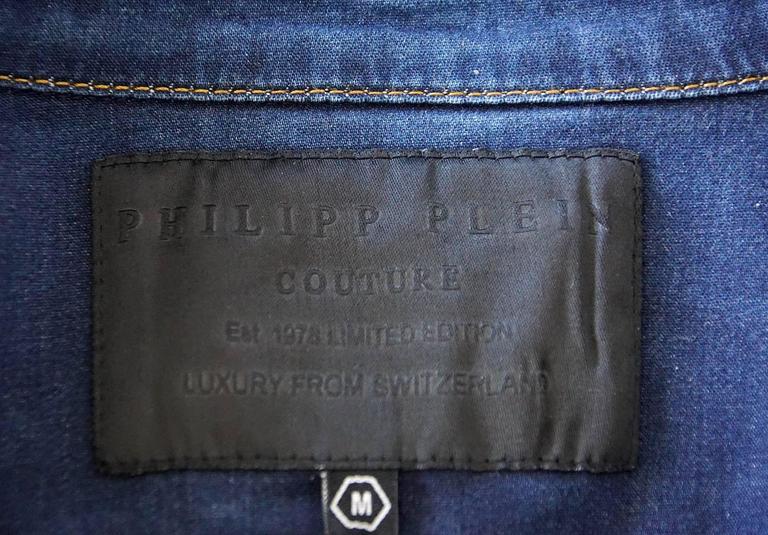 Philipp Plein Top Distressed Denim Shirt Diamante and Beaded Appliques ...