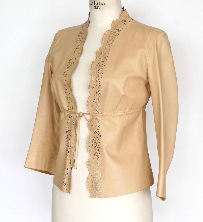 GUCCI Jacket Nude Leather Laser Cut Edging 3/4 Sleeve Empire Waist 40 / ...